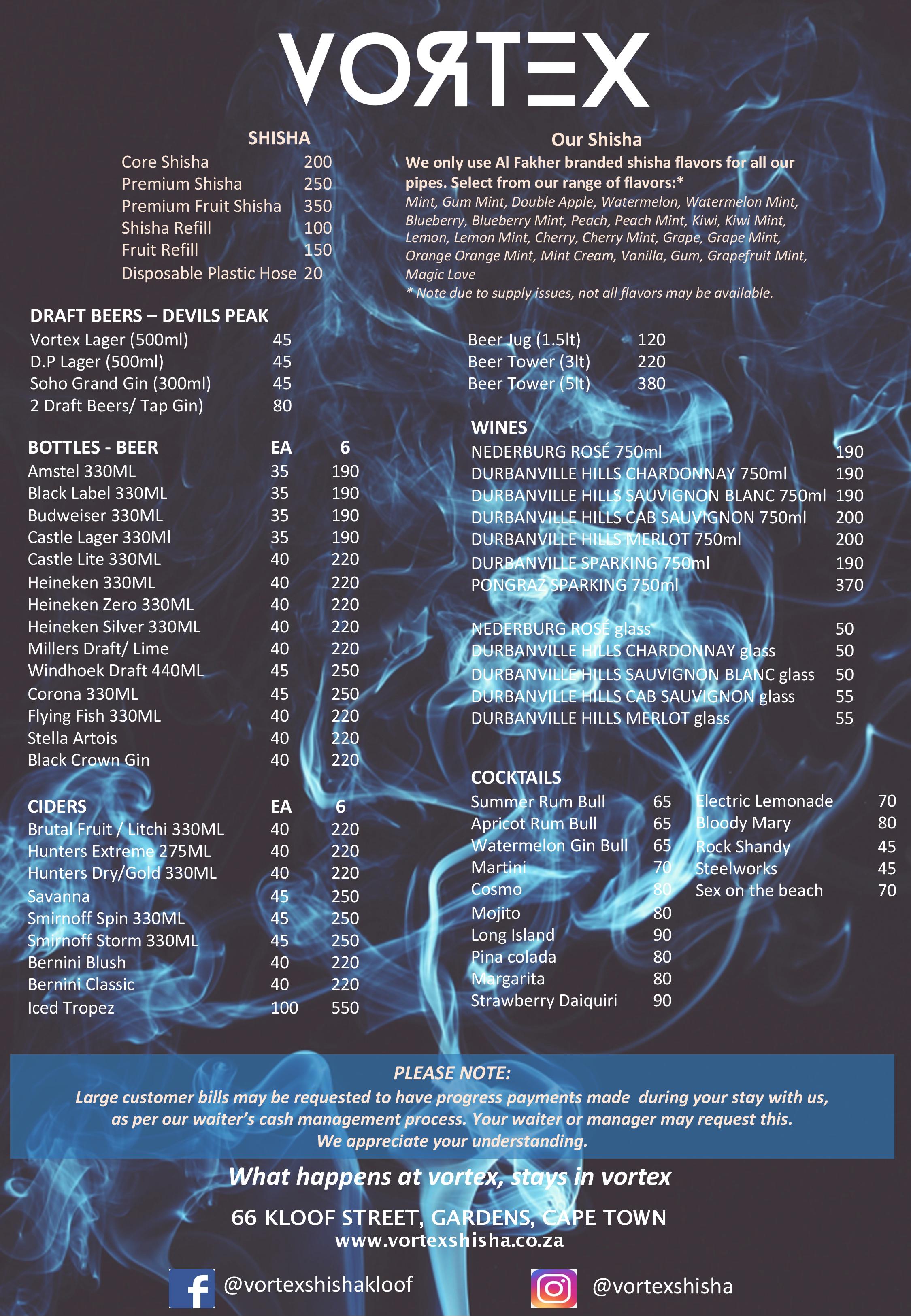 Shisha and Drinks Menu – Vortex Shisha Kloof