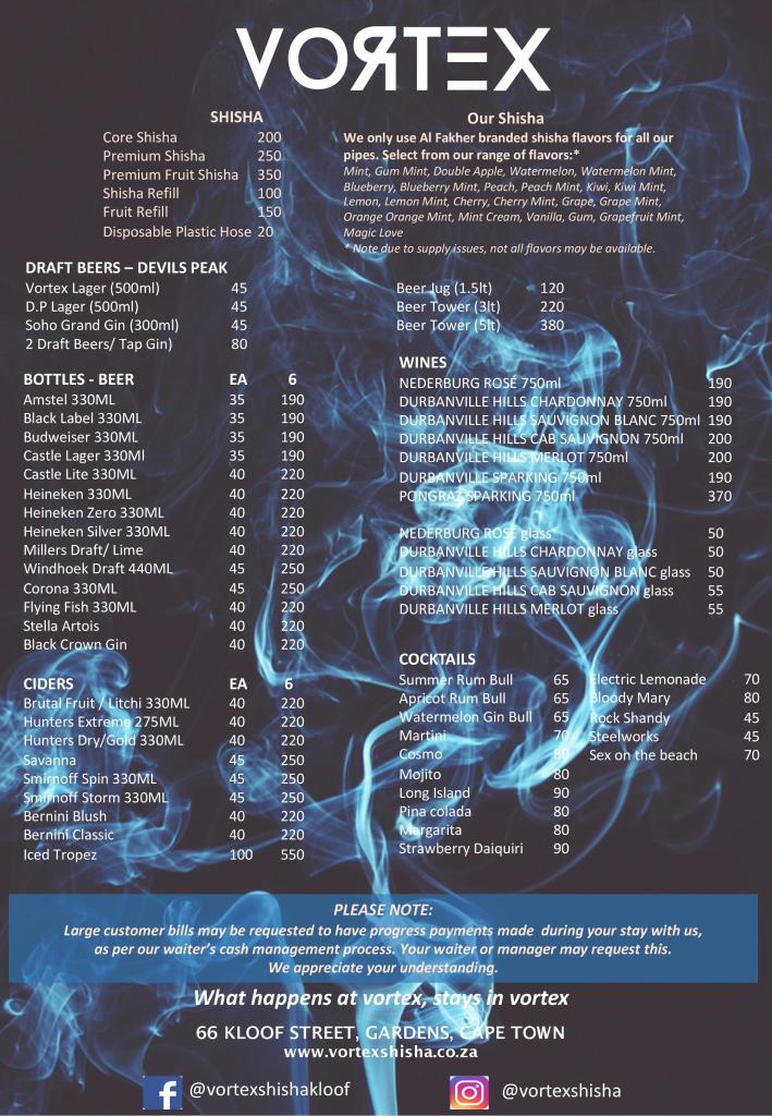 Shisha and Drinks Menu – Vortex Shisha Kloof
