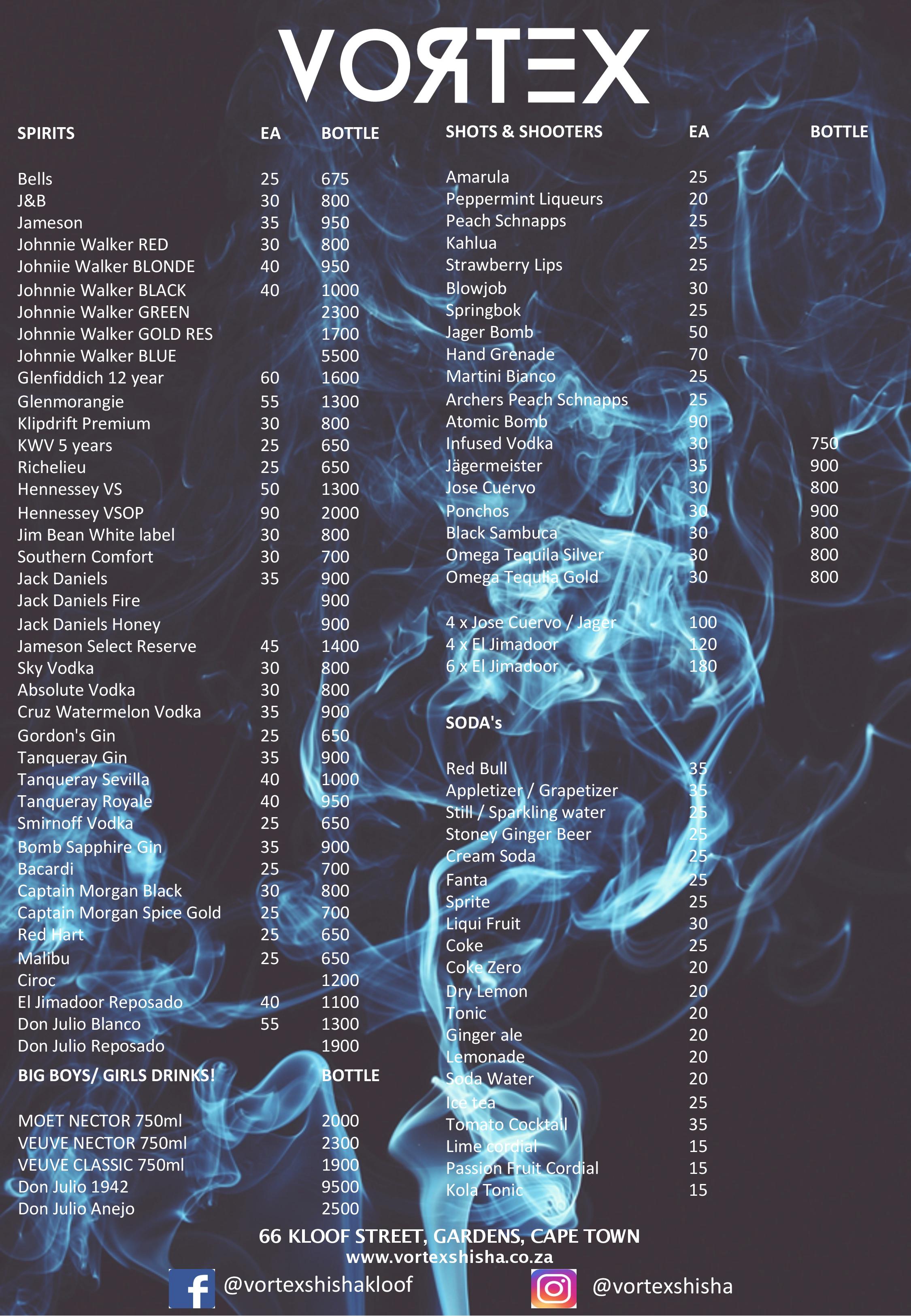 Shisha and Drinks Menu – Vortex Shisha Kloof