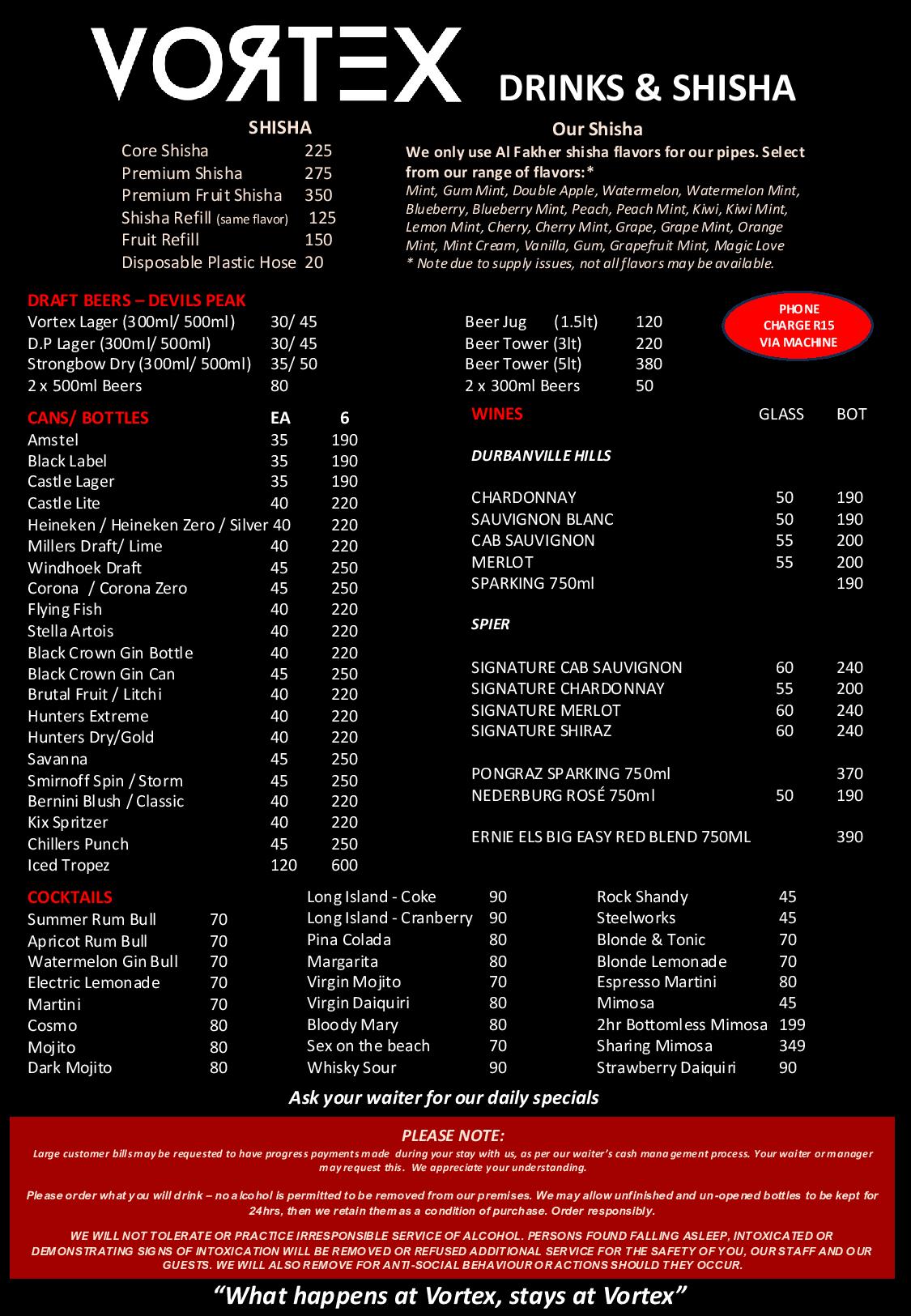 Shisha and Drinks Menu – Vortex Shisha Kloof