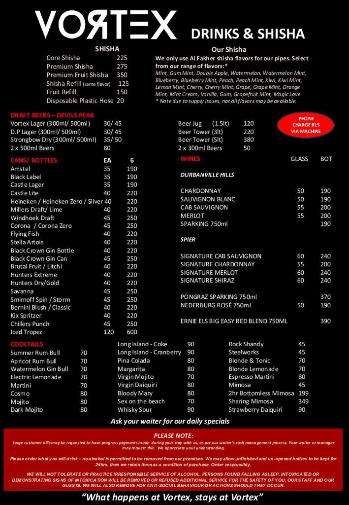 Shisha and Drinks Menu – Vortex Shisha Kloof