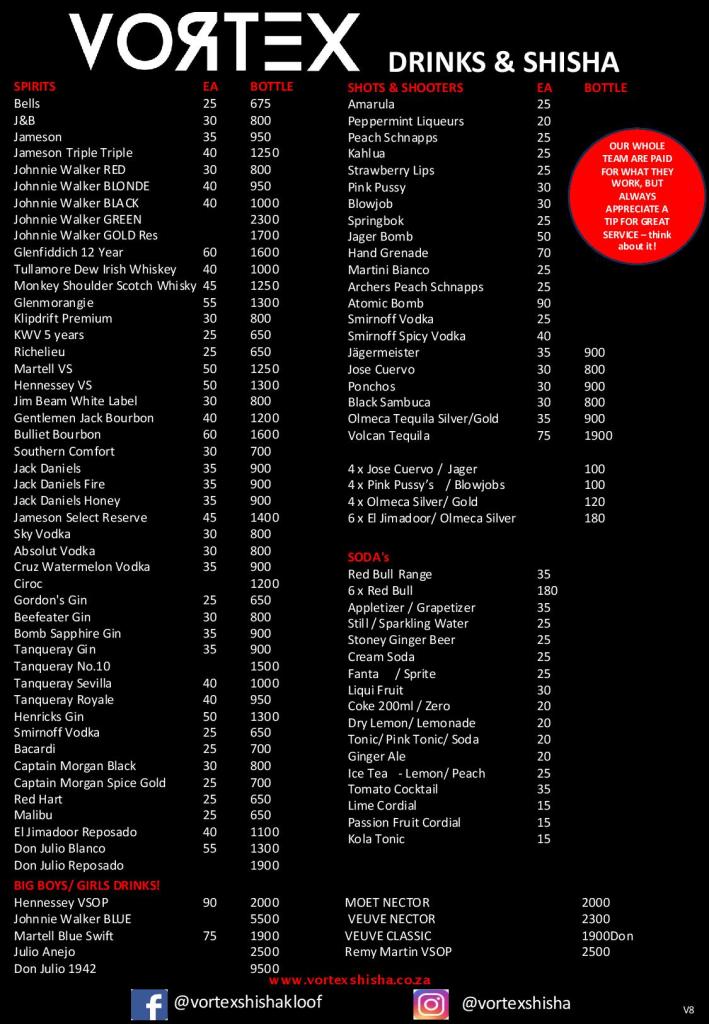 Shisha and Drinks Menu – Vortex Shisha Kloof