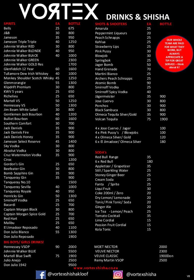 Shisha and Drinks Menu – Vortex Shisha Kloof
