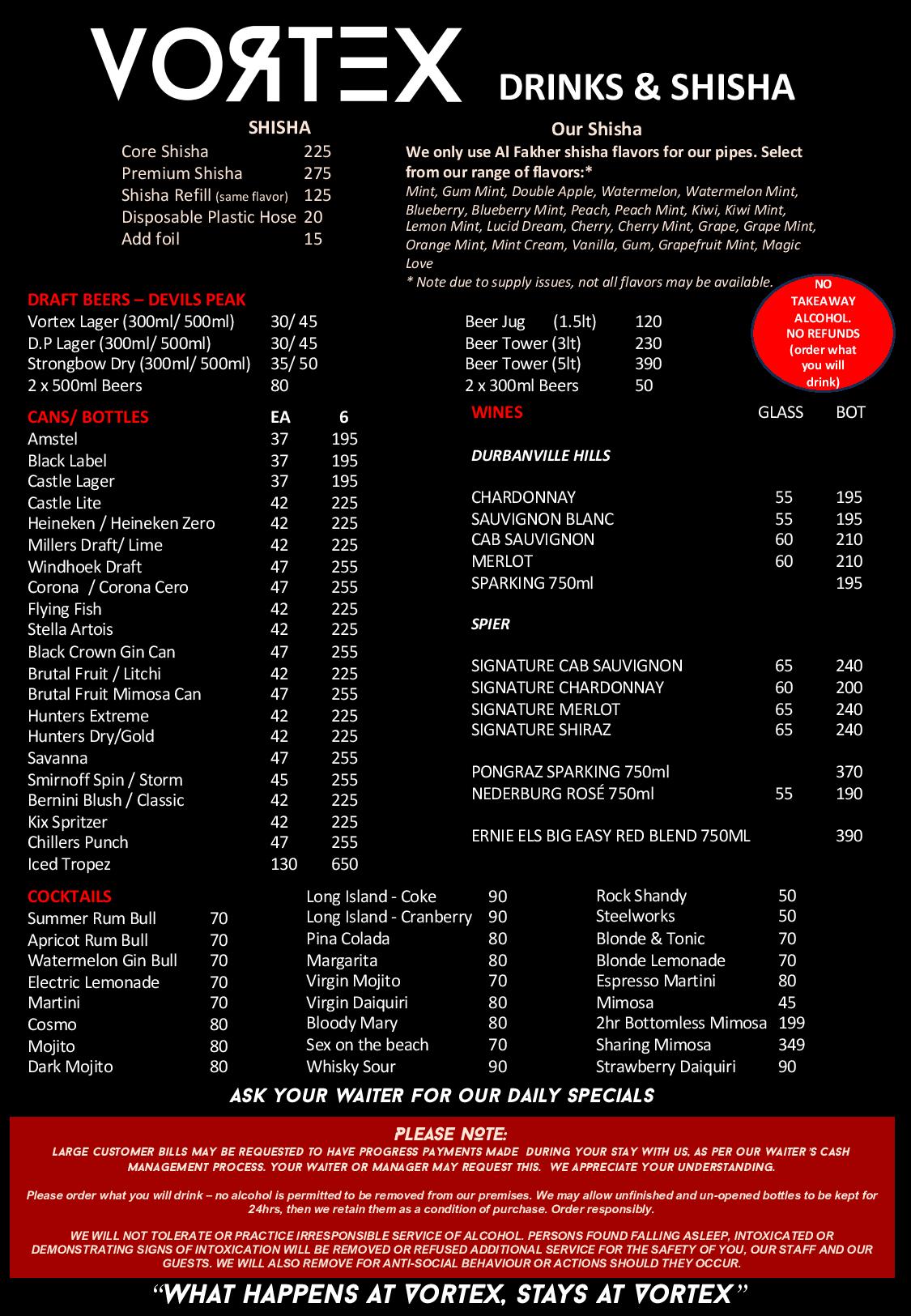 Shisha and Drinks Menu – Vortex Shisha Kloof