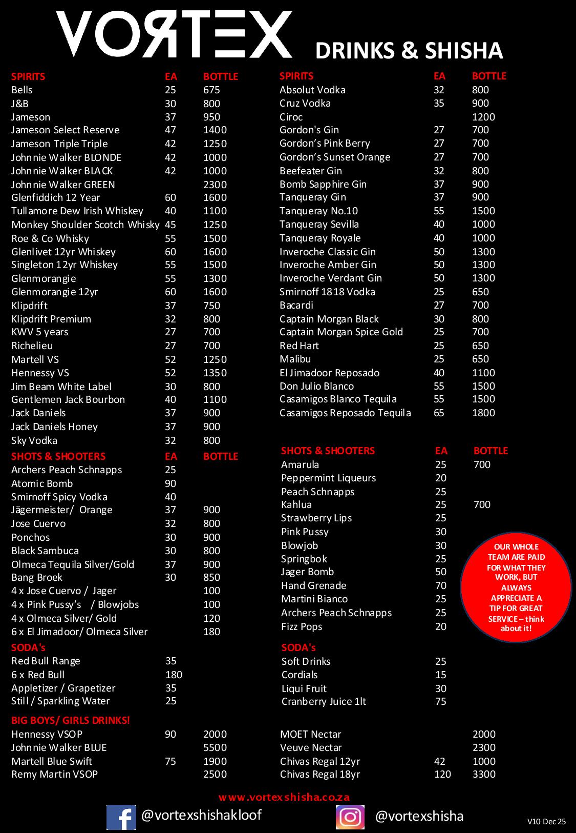 Shisha and Drinks Menu – Vortex Shisha Kloof